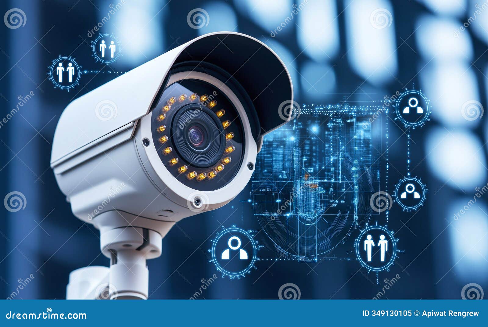 CCTV Camera with Digital Icons Representing People and Data Analysis ...