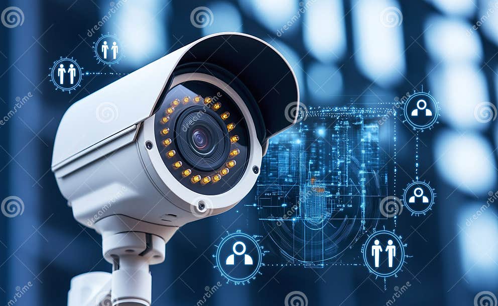 CCTV Camera with Digital Icons Representing People and Data Analysis ...