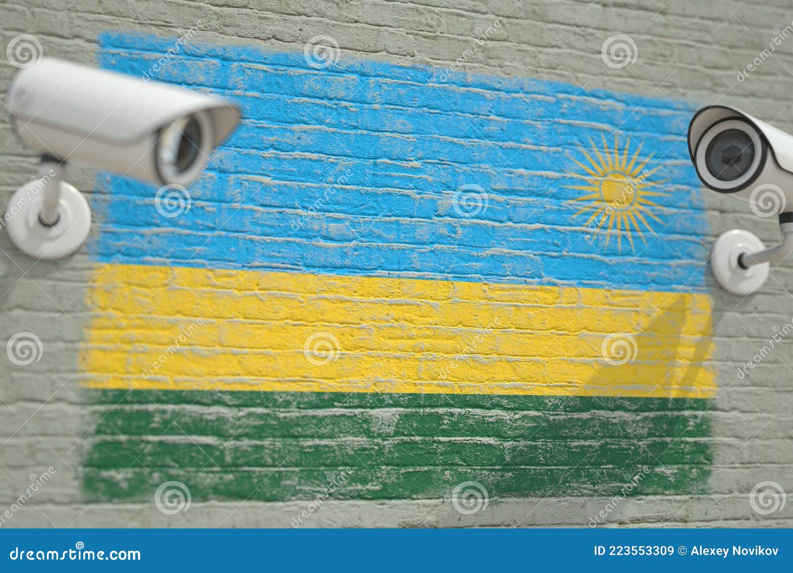 Surveillance Cameras and Wall with Flag of Rwanda. Modern Security ...