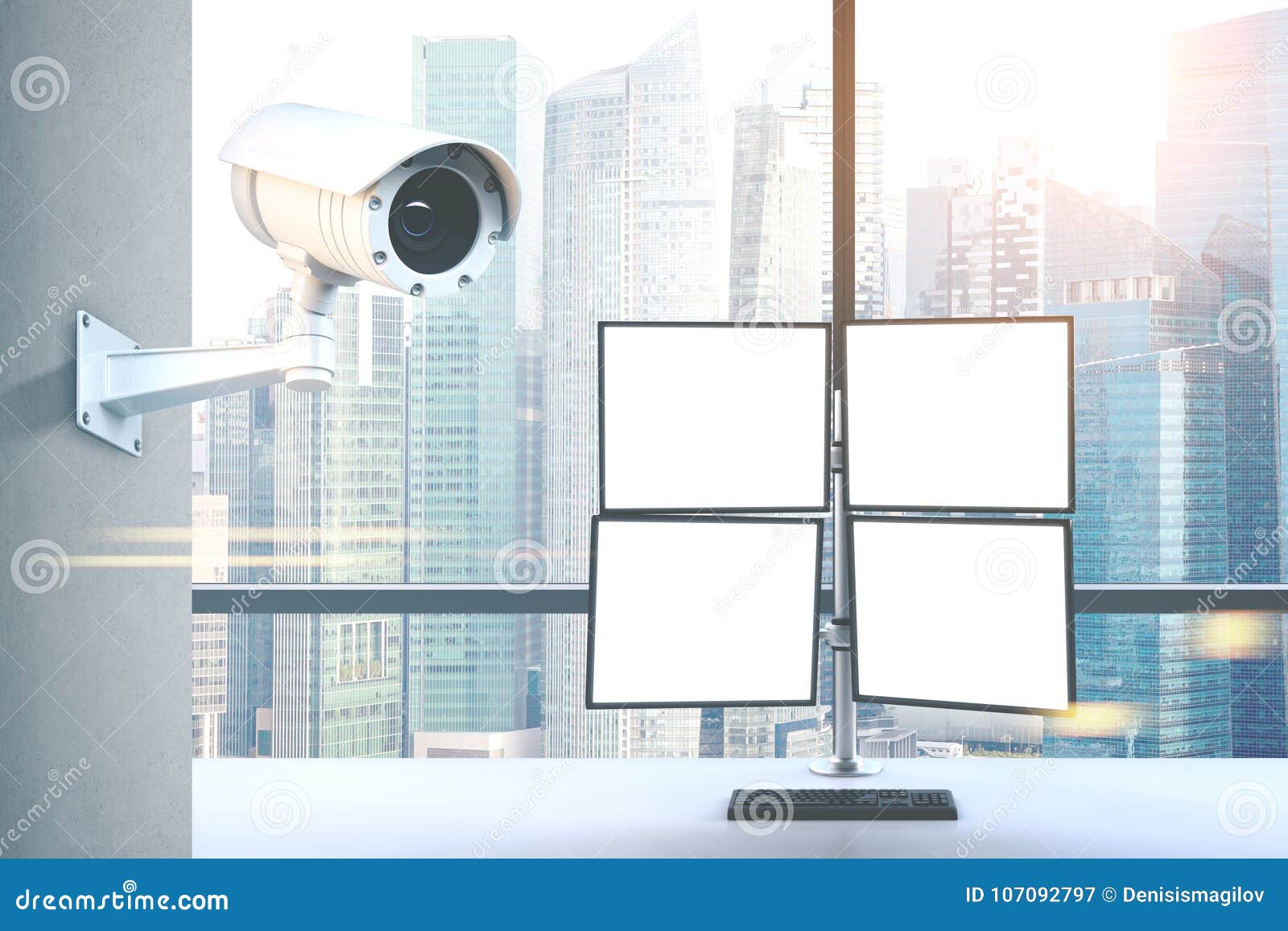CCTV Camera and Four Computer Screens Stock Illustration - Illustration ...