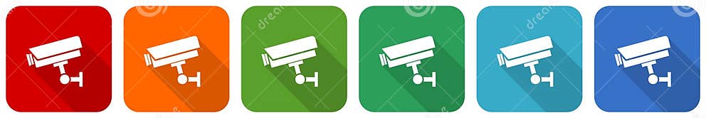 Cctv Camera Icon Set, Flat Design Vector Illustration in 6 Colors ...