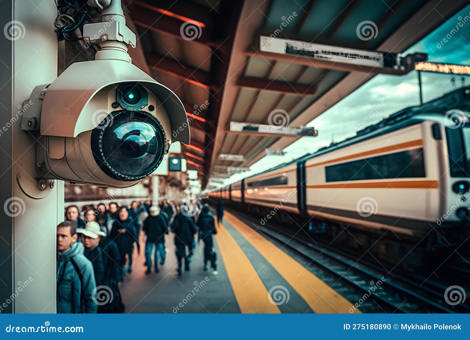 CCTV Camera Operating on Train Station Platform. Neural Network AI ...