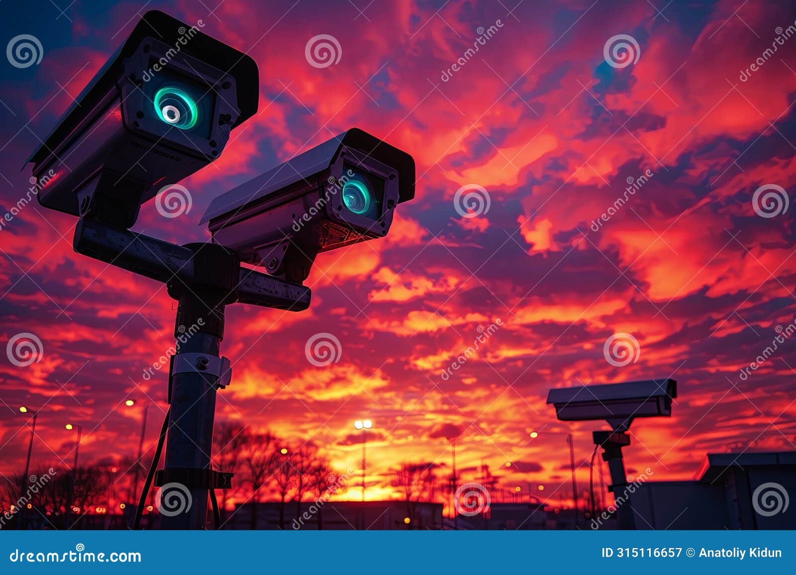 Cctv Camera or Security System with Sunset Sky Background, Silhouette ...