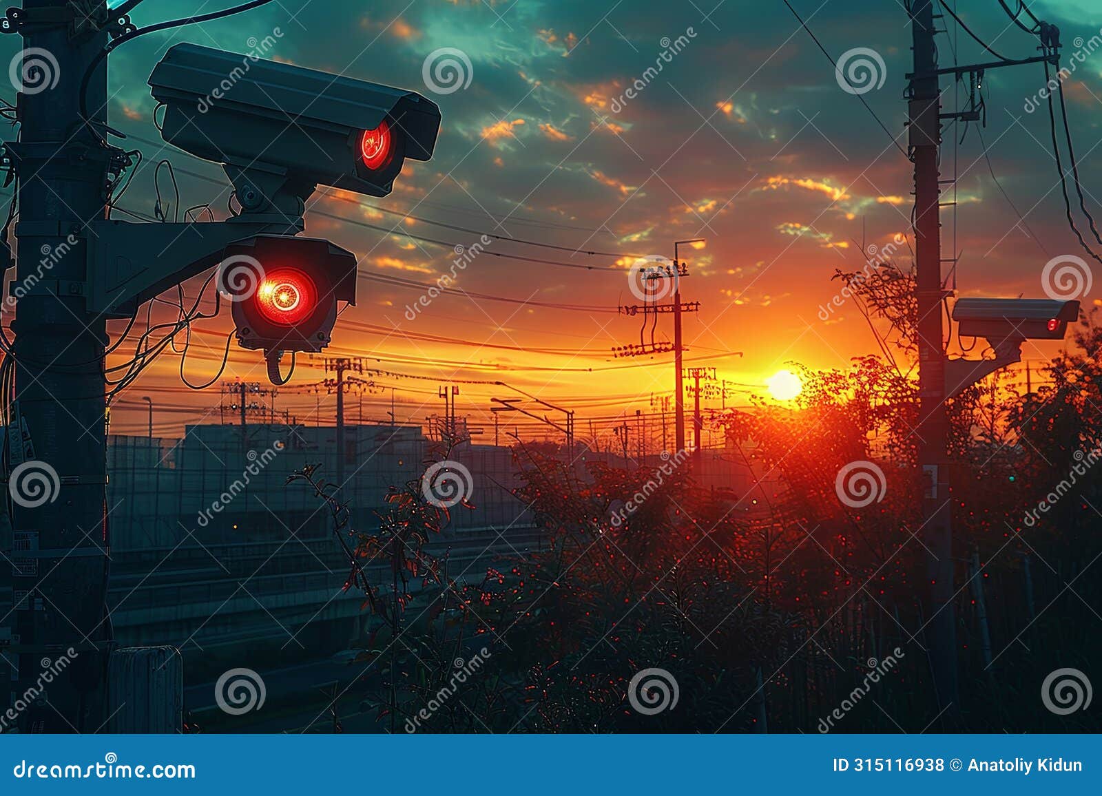 Cctv Camera or Security System with Sunset Sky Background, Silhouette ...
