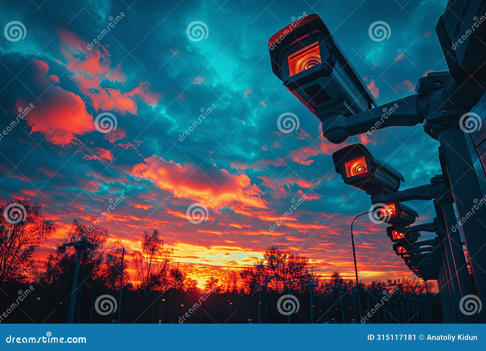 Cctv Camera or Security System with Sunset Sky Background, Silhouette ...
