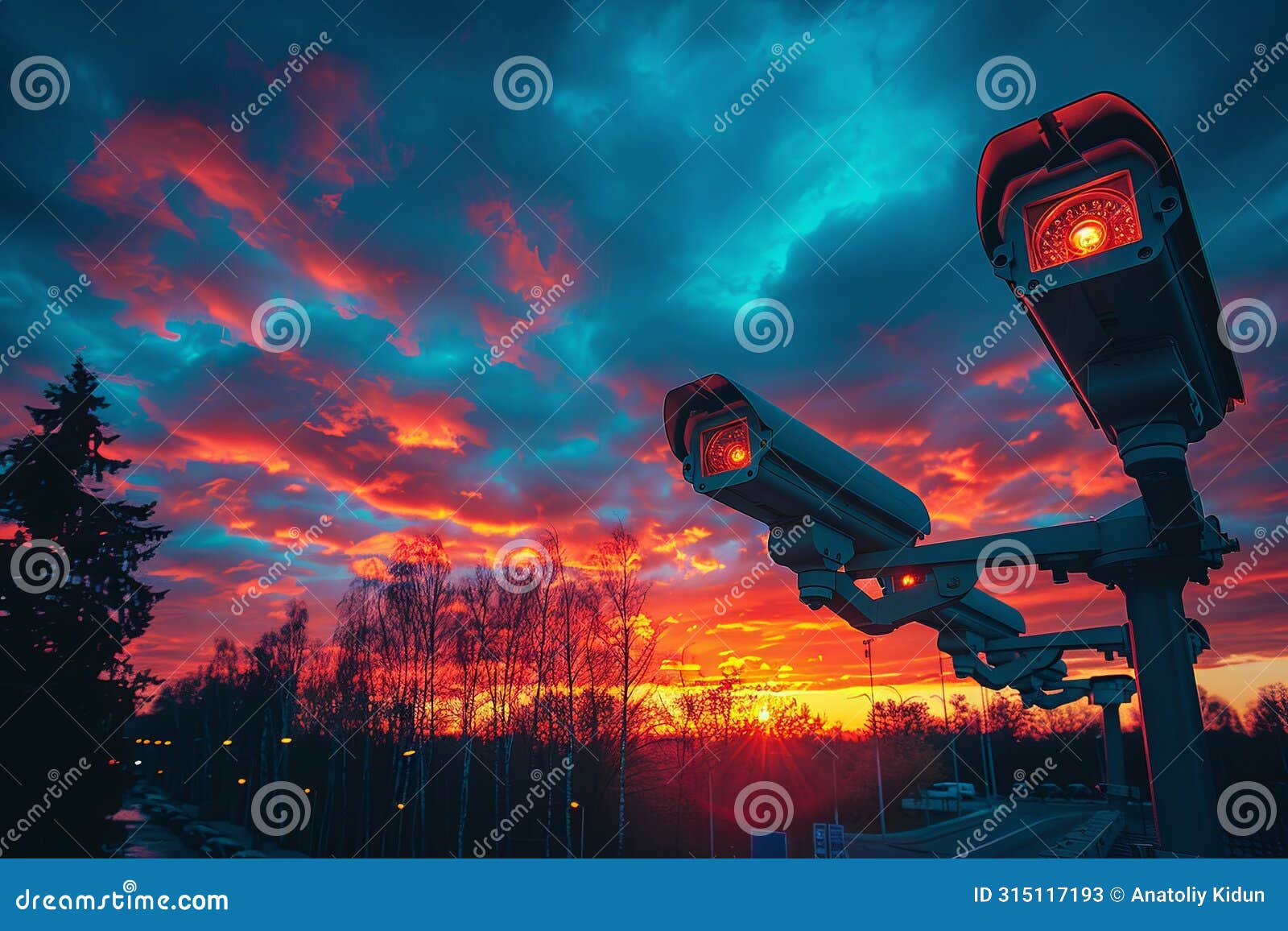 Cctv Camera or Security System with Sunset Sky Background, Silhouette ...