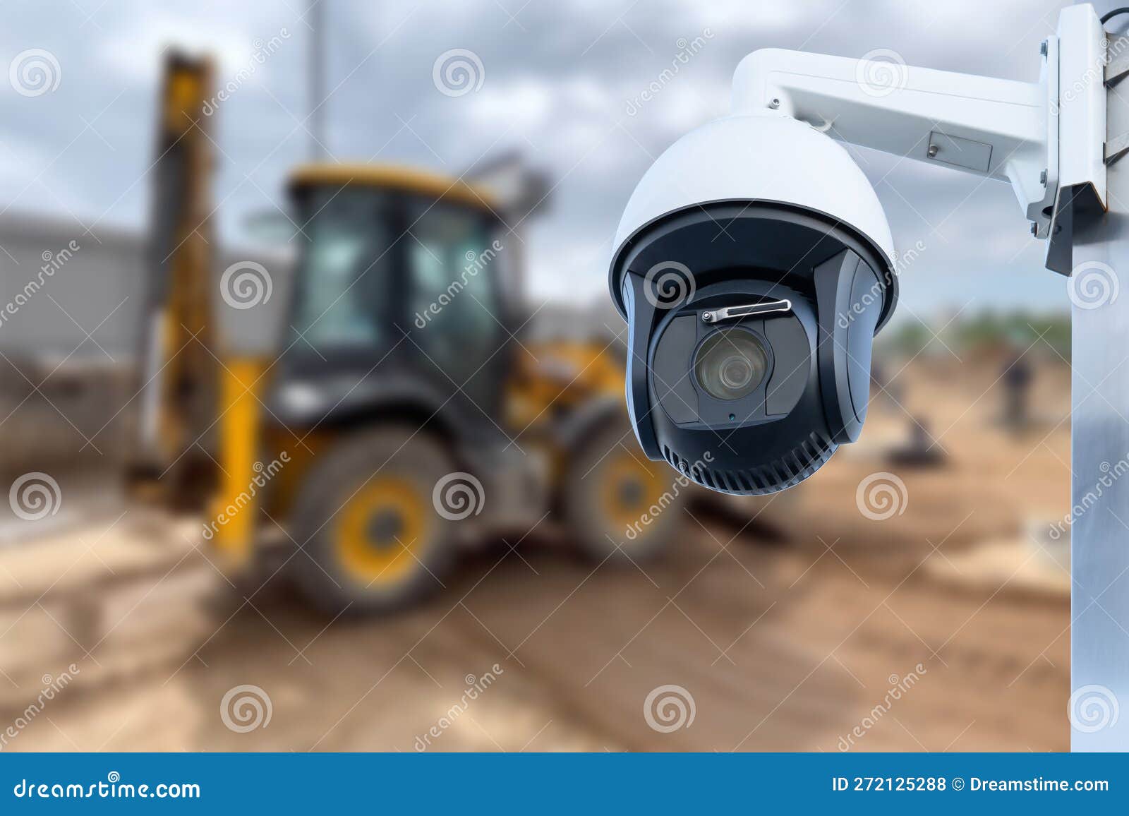 CCTV Camera Watching an Excavator and Workers Working on a Construction ...