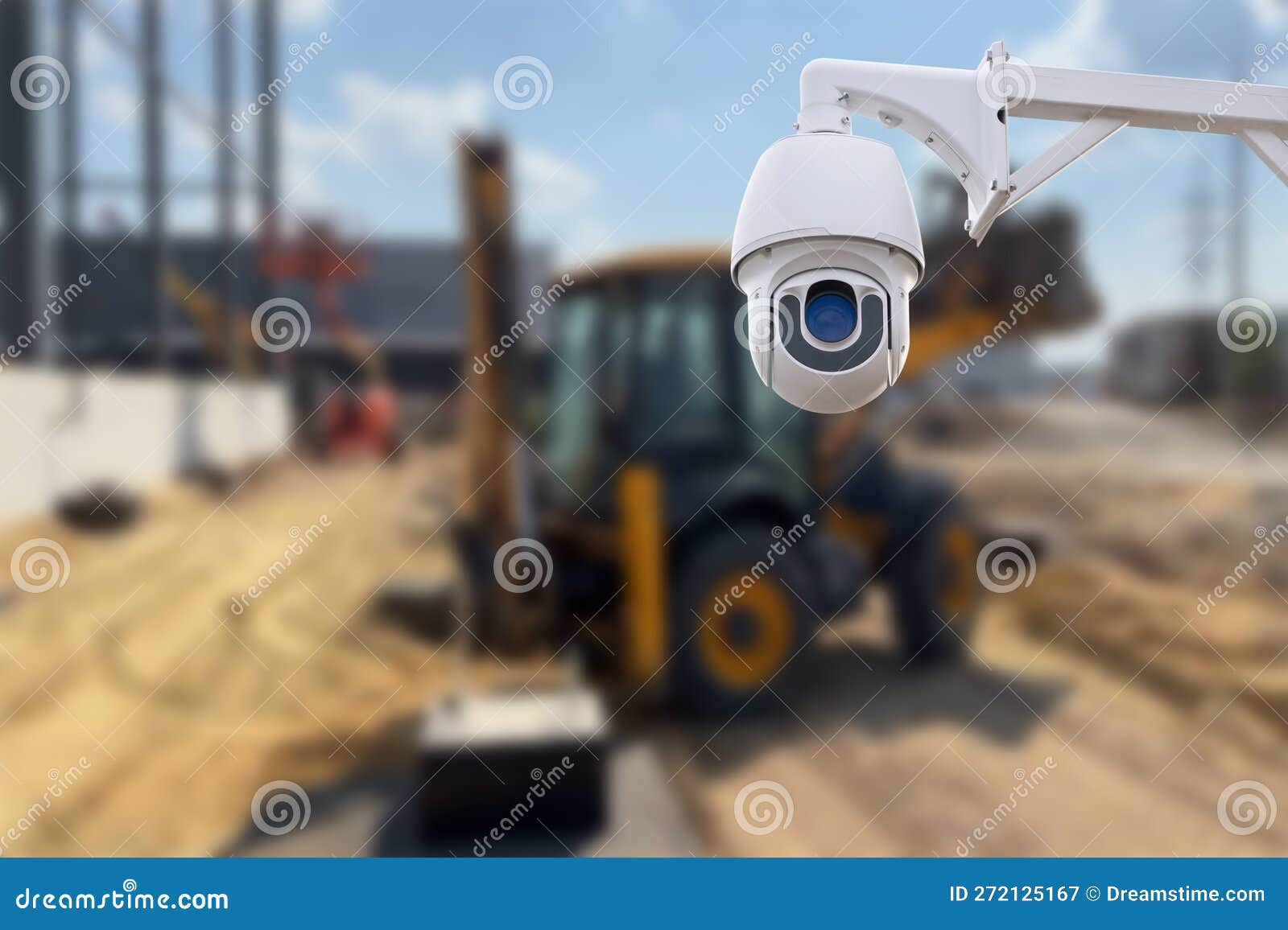 CCTV Camera Watching an Excavator and Workers Working on a Construction ...