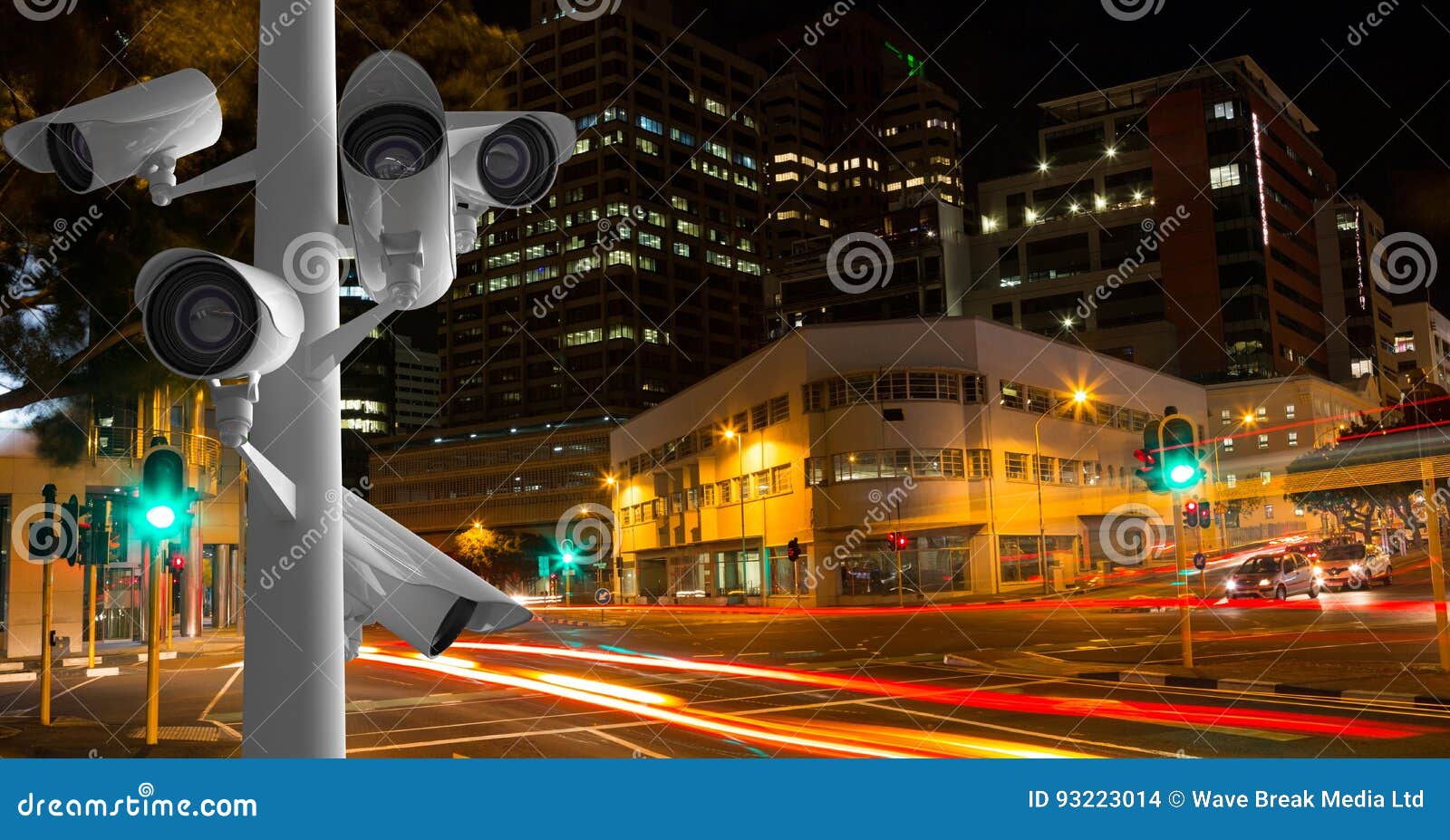 CCTV Cameras Against Light Trails in City at Night Stock Photo - Image ...