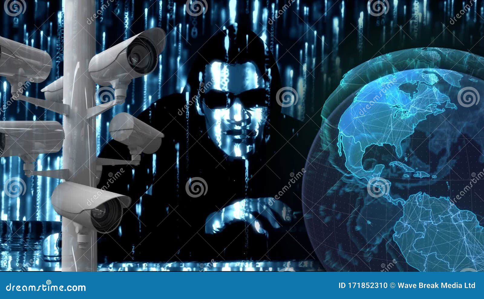 CCTV Cameras with Digital Globe and Silhouette of Man in Background ...