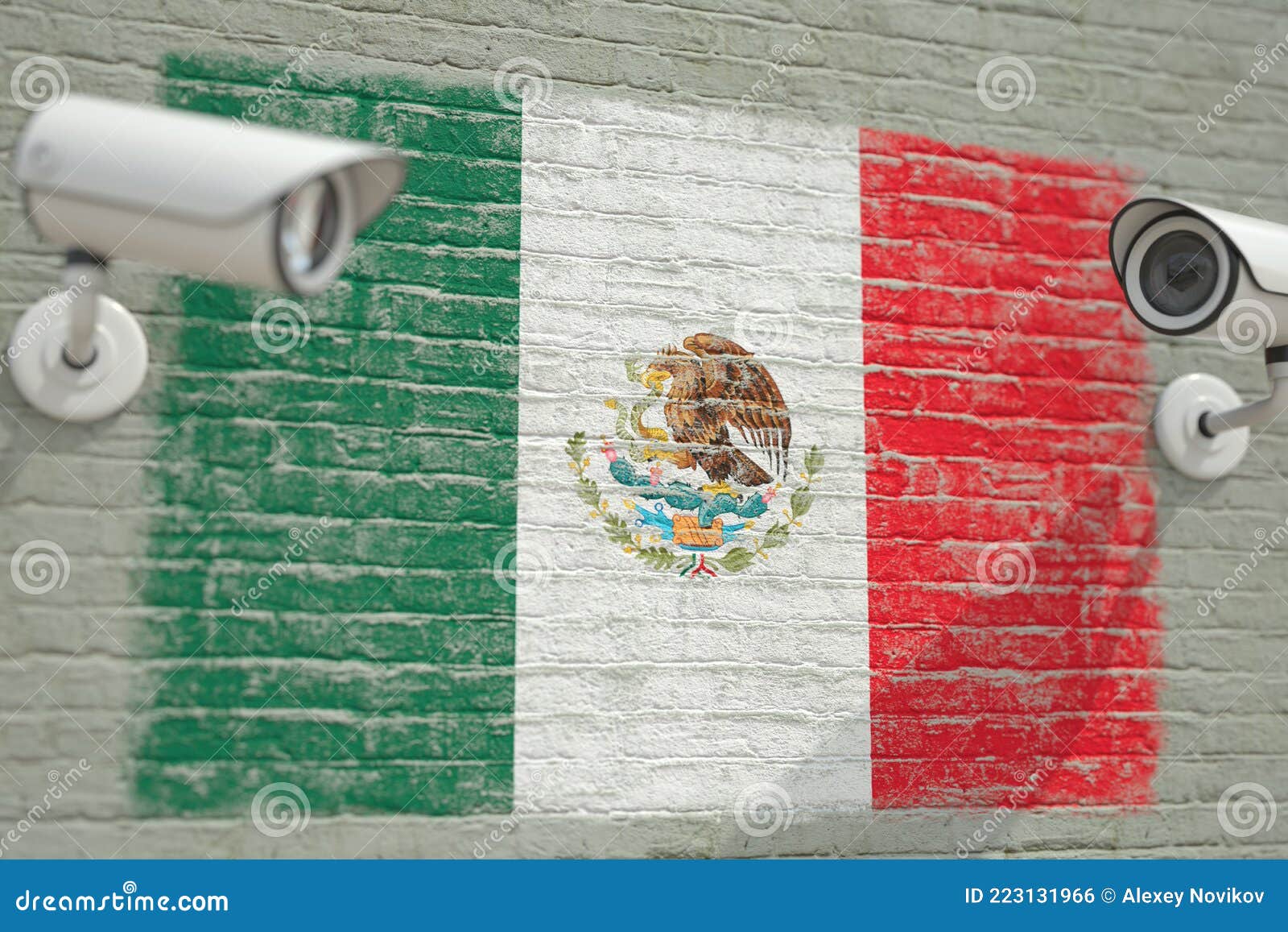 CCTV Cameras and Wall with Flag of Mexico. Surveillance Related 3D ...