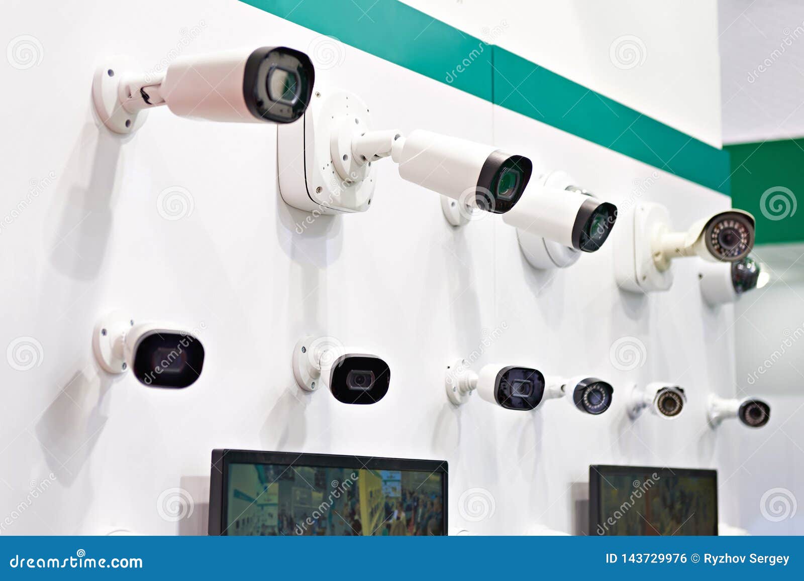 CCTV cameras on wall stock photo. Image of monitor, security - 143729976