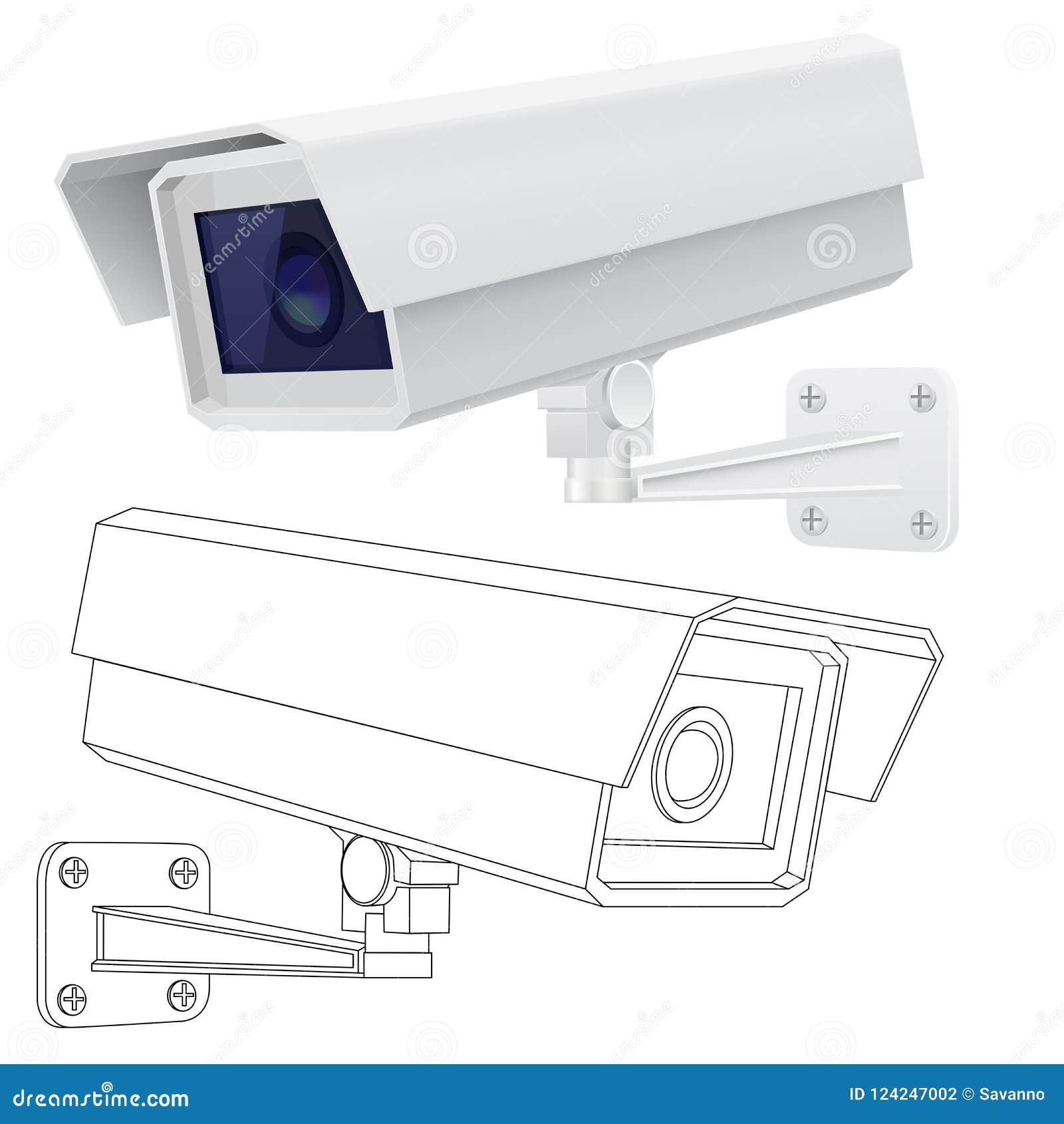 CCTV Security Camera. 3d Model and Outlinen Drawing Stock Vector ...