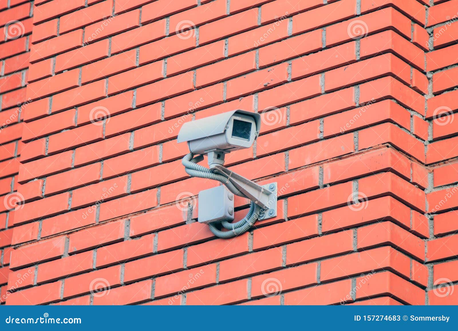 CCTV Security Camera on the Red Brick Stone Wall Stock Image - Image of ...