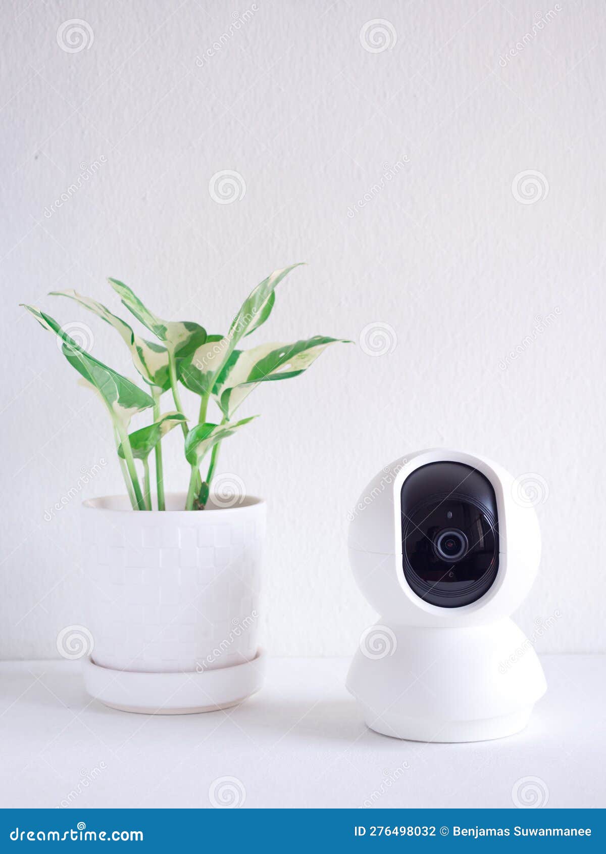 CCTV Security Camera on White Table in Living Room with Little Tree ...