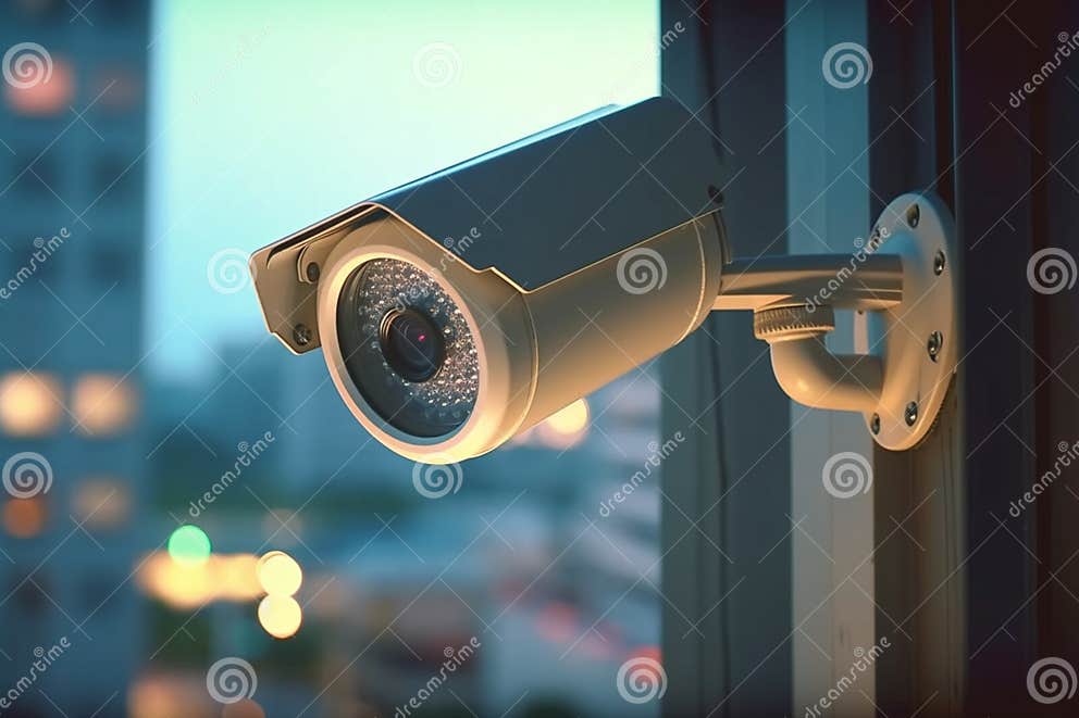 CCTV Security Camera on Window with Bokeh Light Background Stock Photo ...
