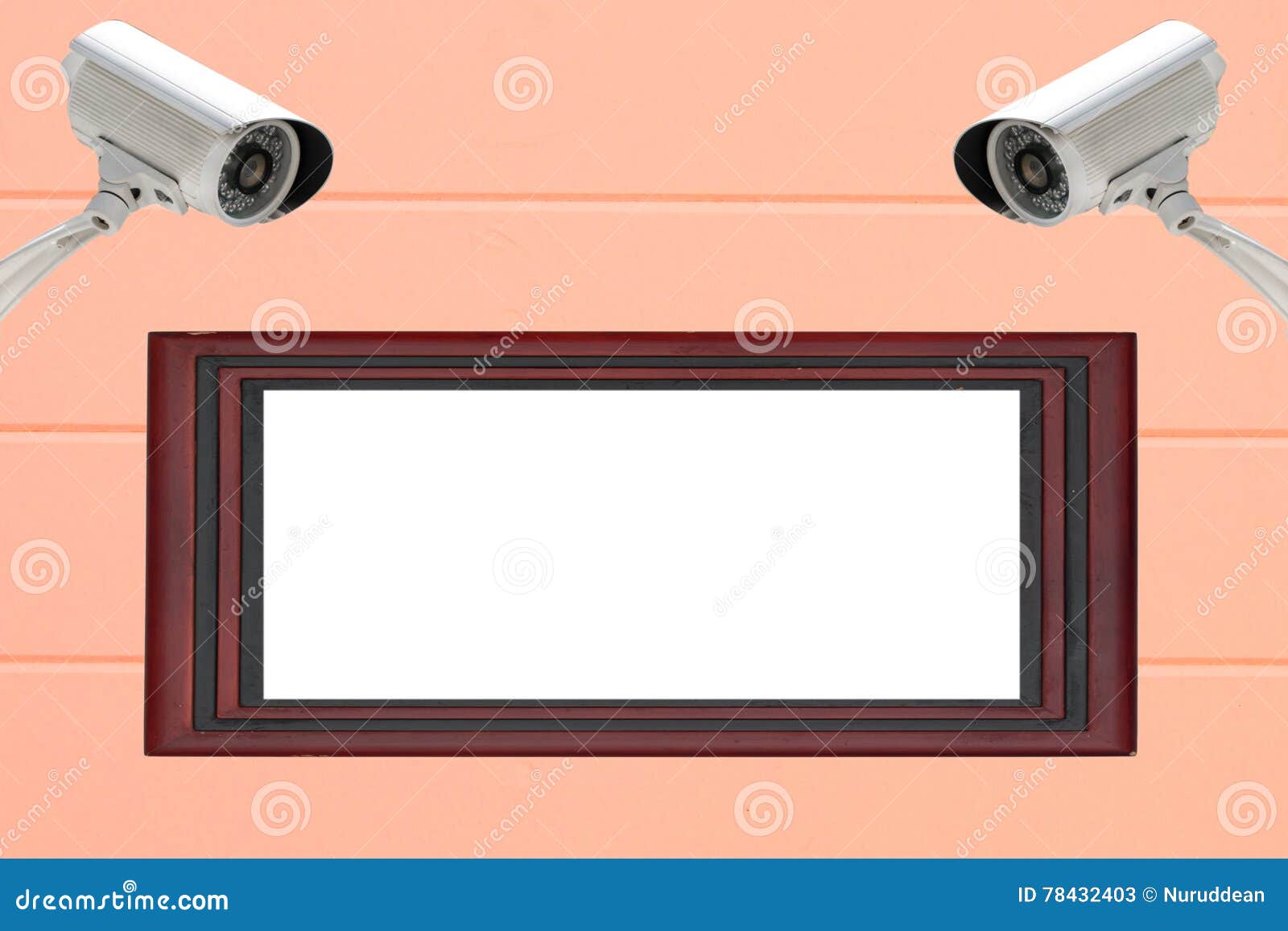 CCTV System Security with Wooden Picture Frame on Cement Wall Stock ...