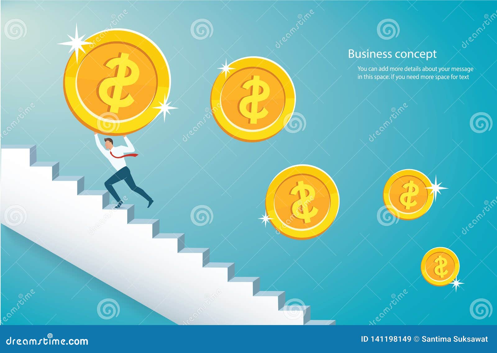 Man Holding the Big Gold Coin Climbing Stairs To Success Vector ...