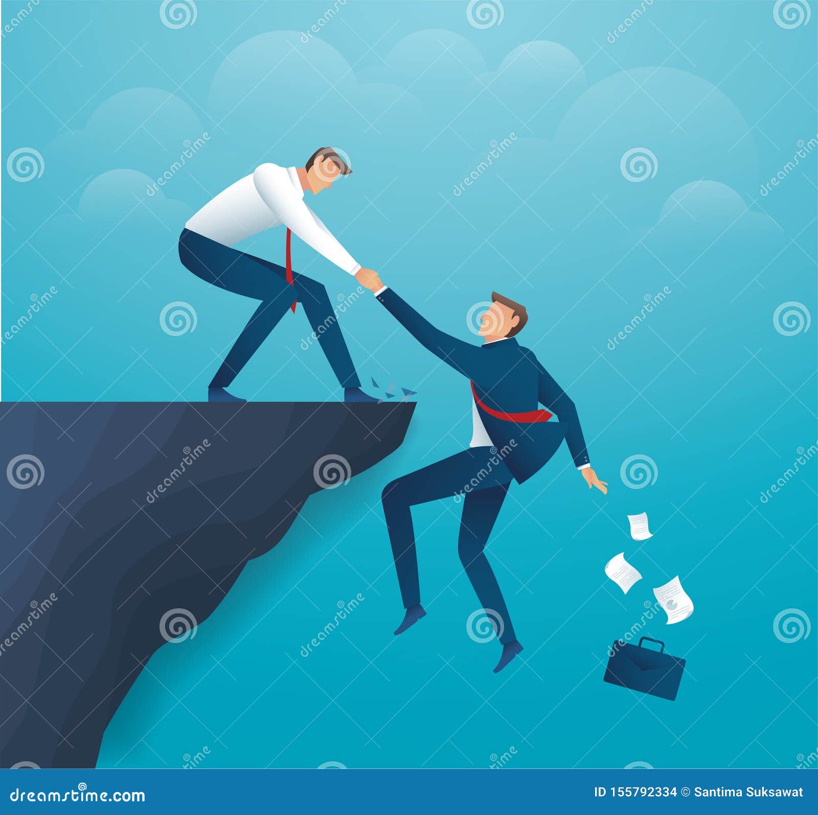 Man Holding Partner Hands Hanging Cliff Help Concept Together. Vector ...