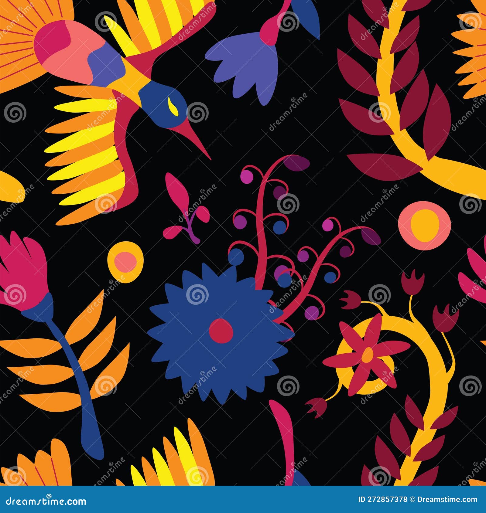 Otomi Pattern with Flowers on Black Stock Vector - Illustration of ...
