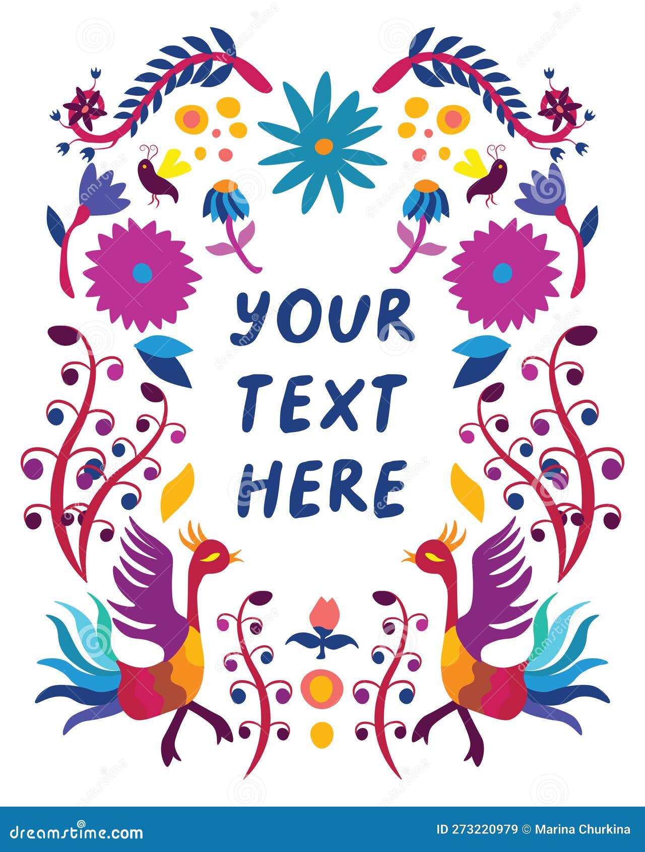 White Otomi Illustration with Birds and Flowers Stock Vector ...