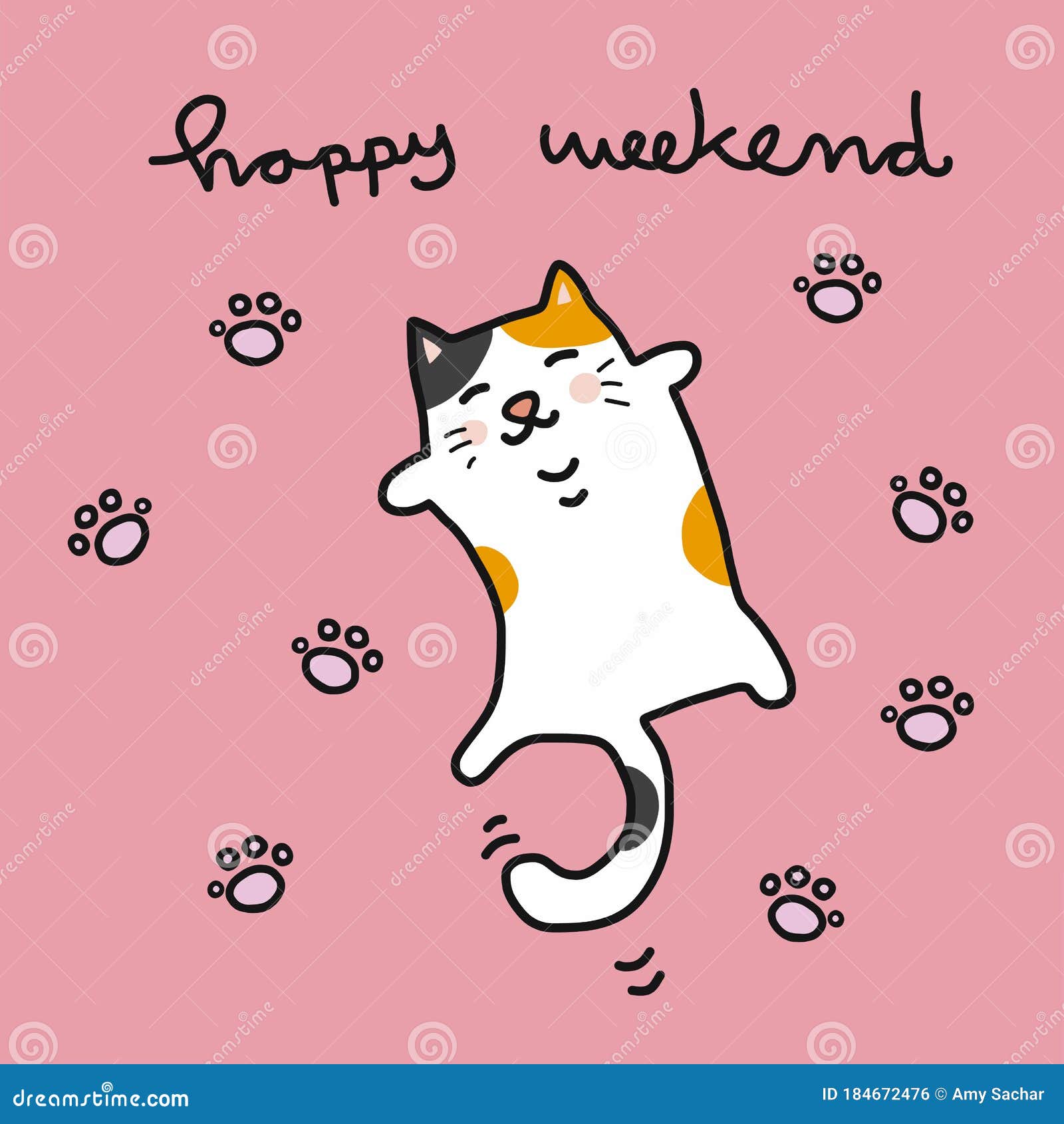 Happy Weekend Cute Fat Cat Sleeping Cartoon Illustration Stock Vector ...