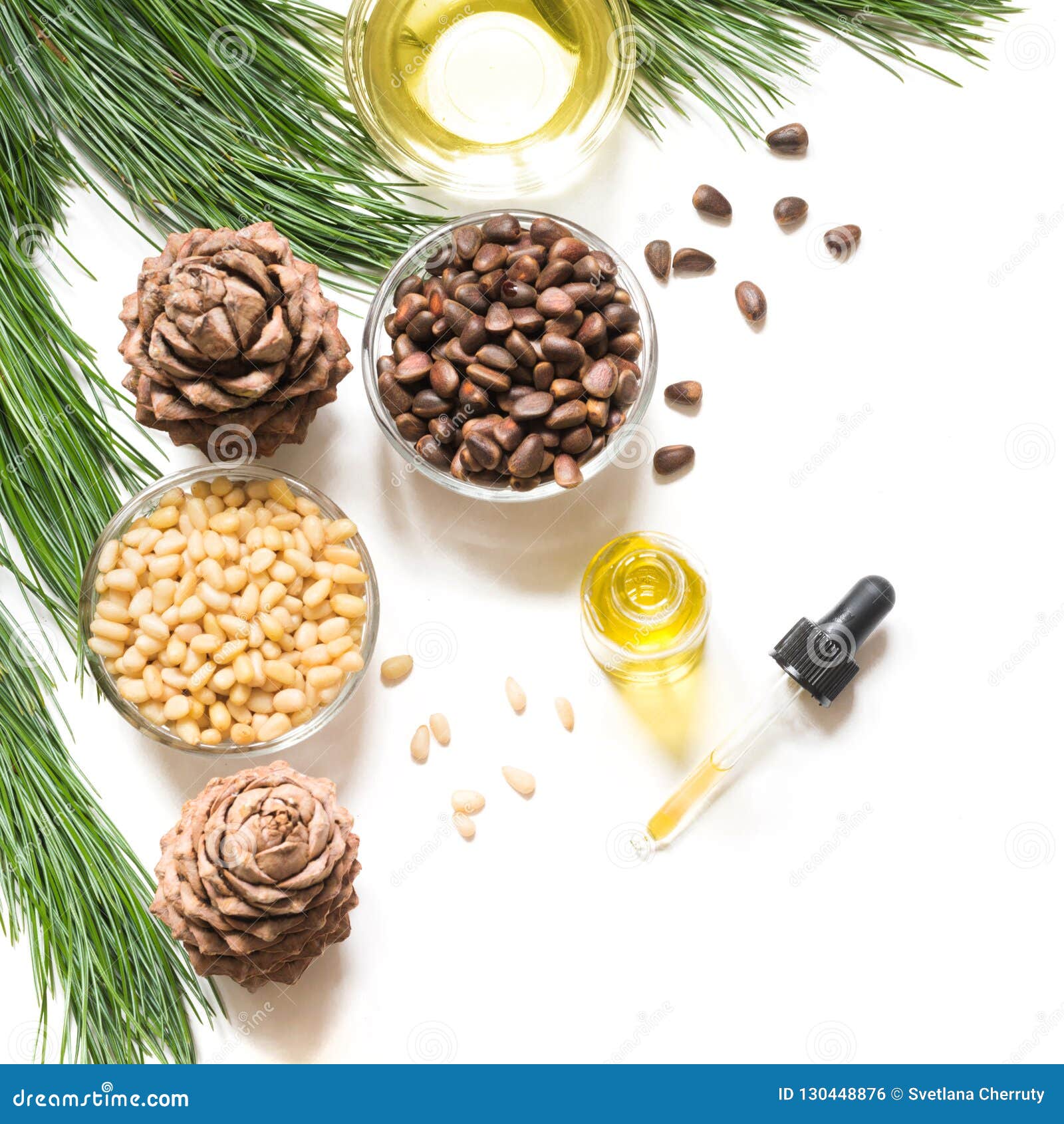 Cedar Oil, Branches and Cedar Cone on White. Copy Space. Beauty and ...