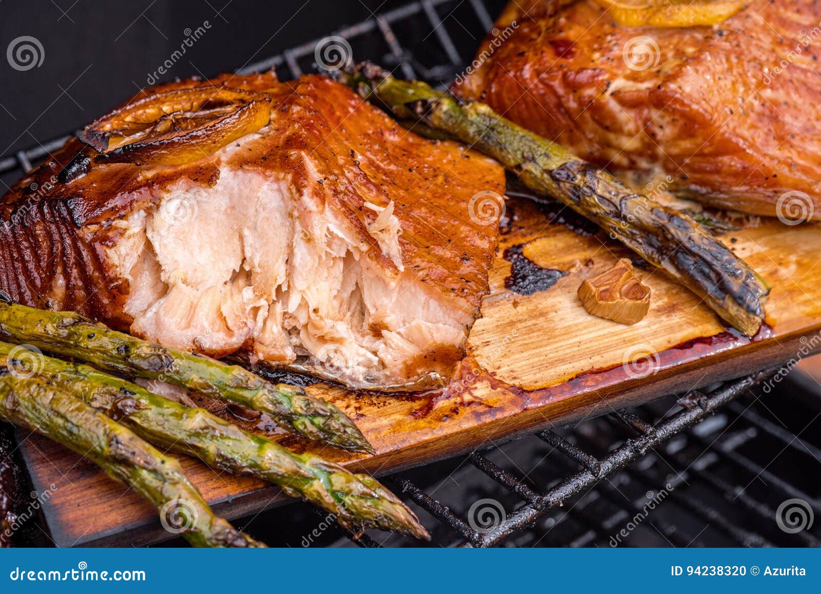 Cedar Plank Salmon with Lemon on a Grill Stock Photo - Image of recipe ...