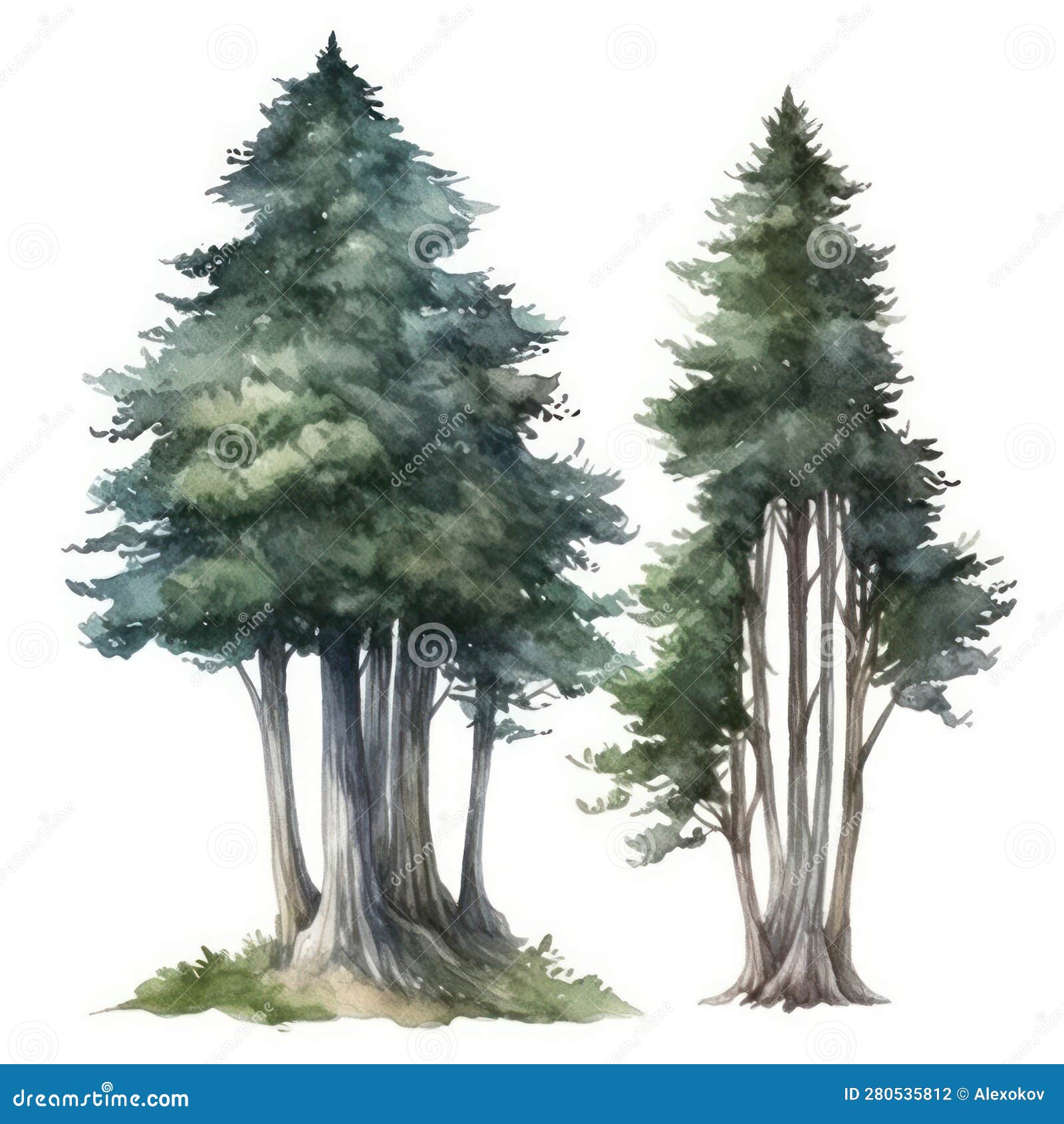 Cedar Tree Forest Watercolor Collection . Stock Illustration ...