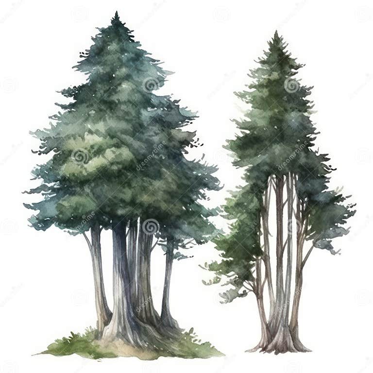 Cedar Tree Forest Watercolor Collection . Stock Illustration ...