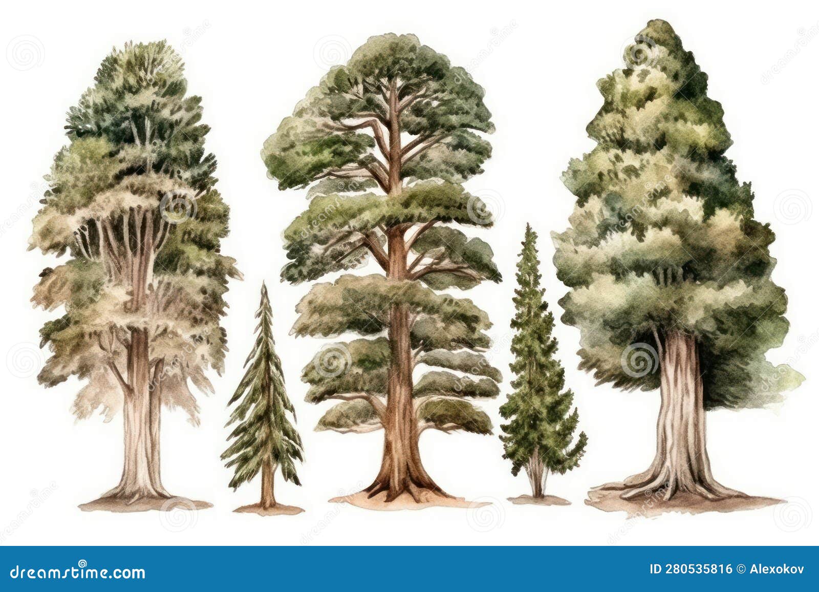 Cedar Tree Forest Watercolor Collection . Stock Illustration ...