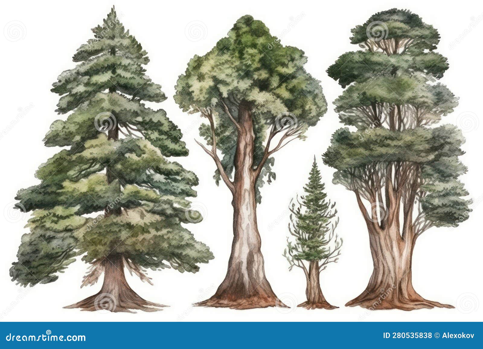 Cedar Tree Forest Watercolor Collection . Stock Illustration ...