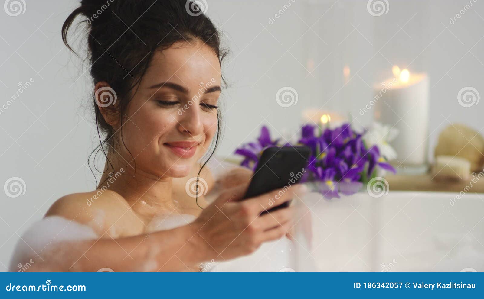 Ceerful Woman Getting Message On Smartphone In Bathtub Girl Messaging