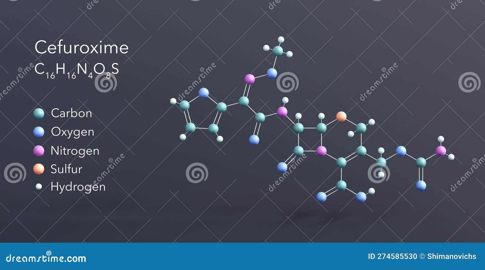 Cefuroxime Molecule 3d Rendering Flat Molecular Structure With