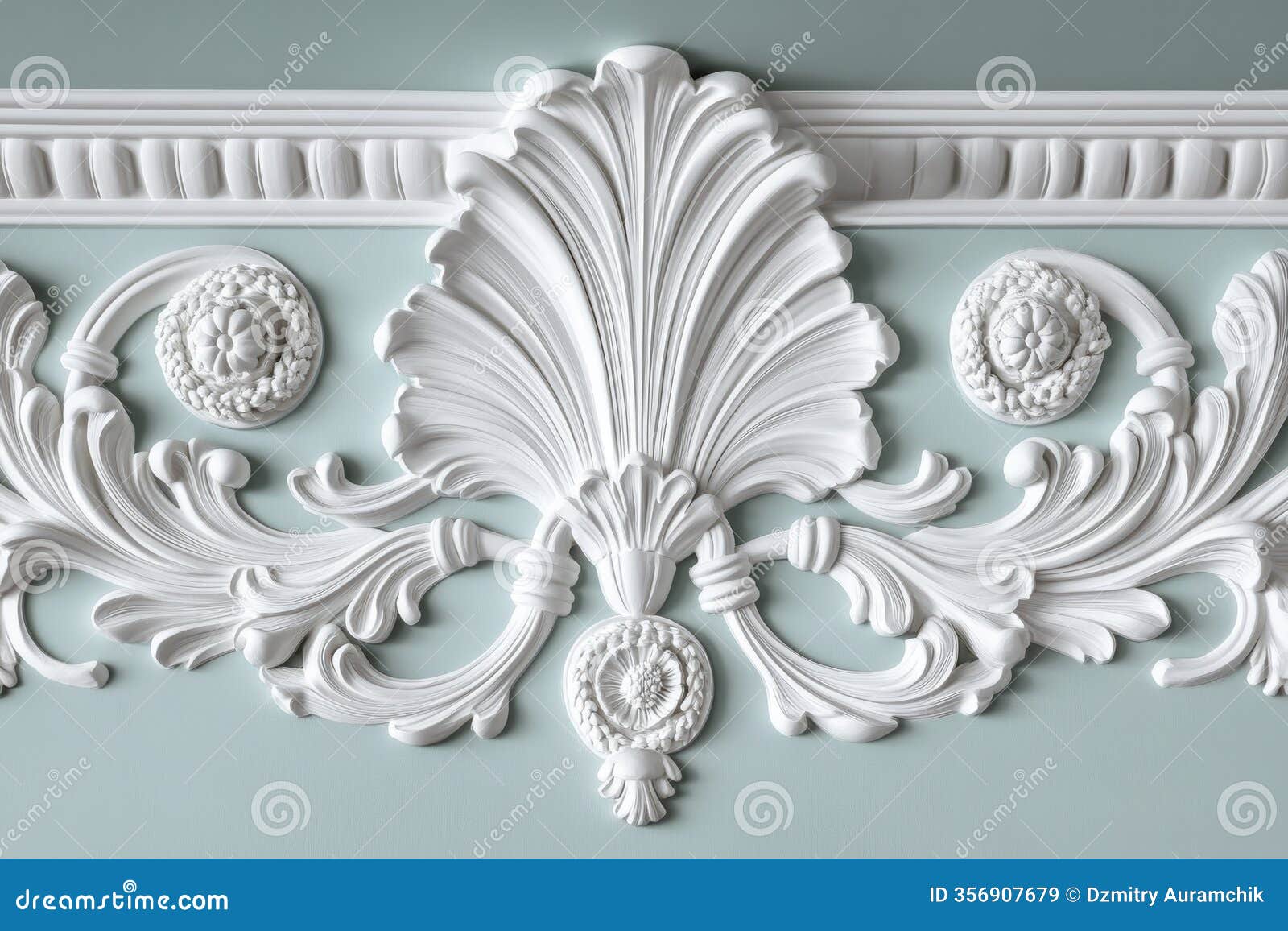 A Ceiling Design Featuring a White Gypsum Bas-relief on a Light Green ...