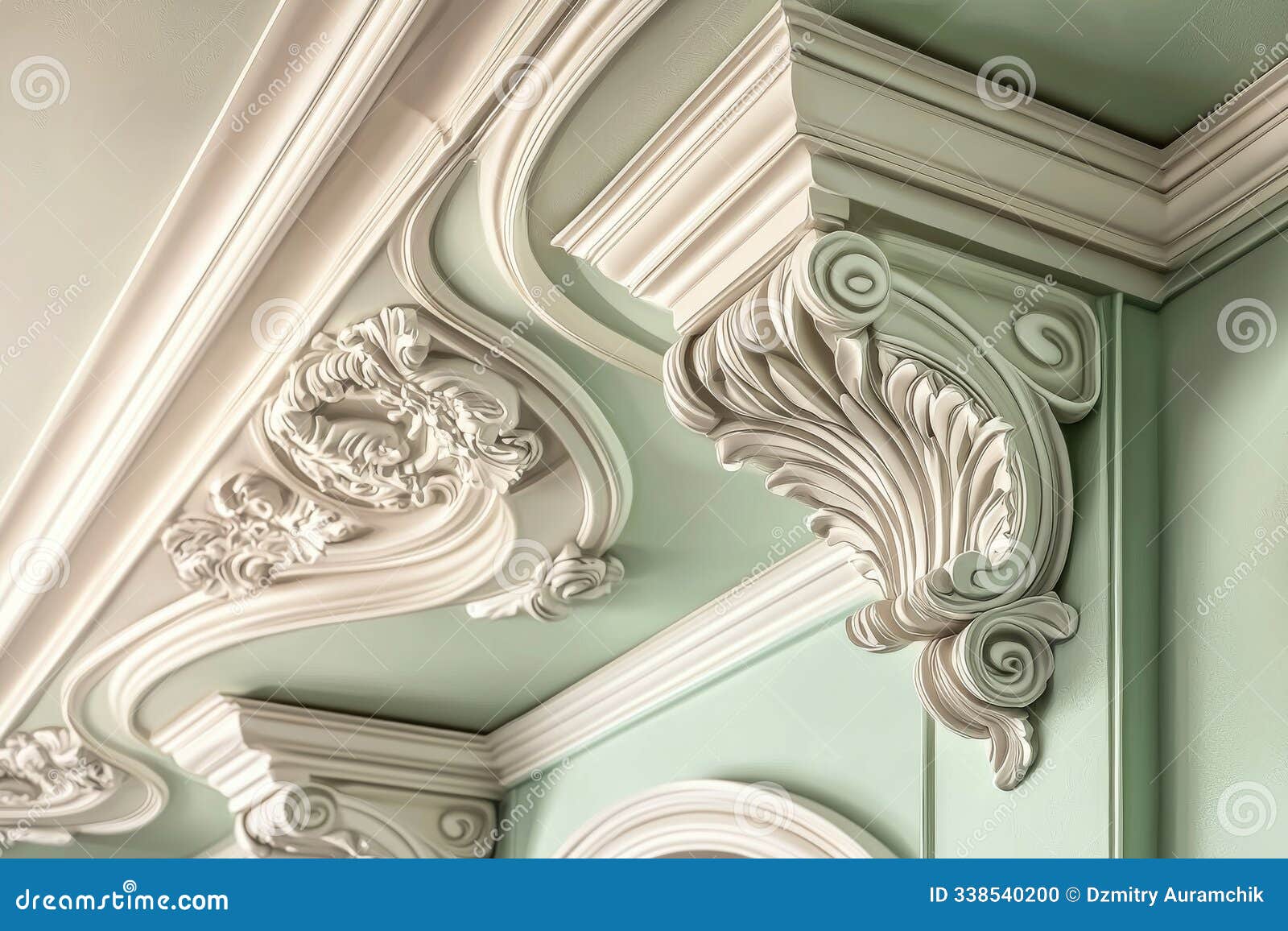 A Ceiling Design with a White Gypsum Bas-relief on a Light Green ...