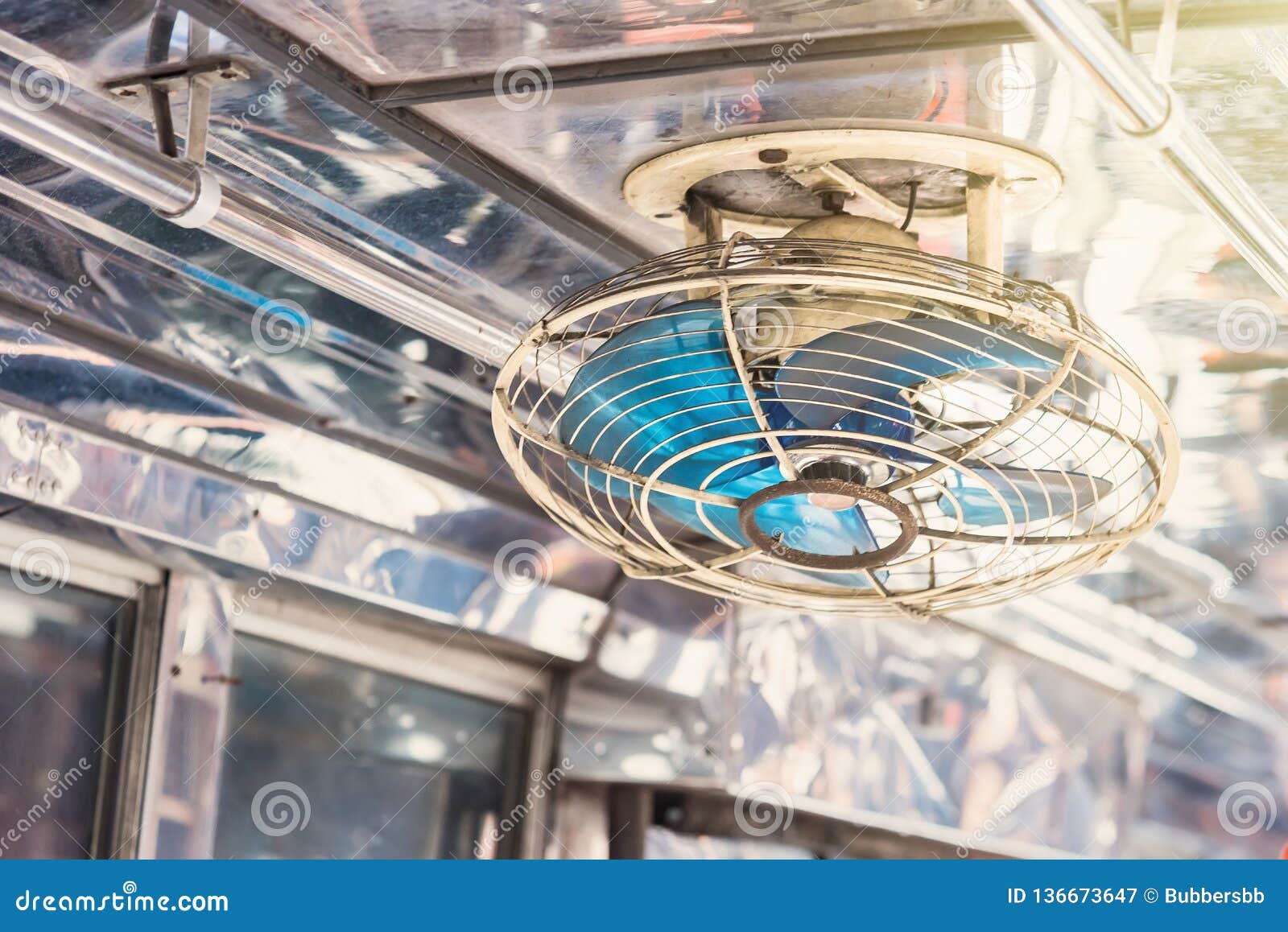 .Ceiling Fan on the Bus.Blue Ceiling Fan.Bangkok, Thailand Stock Image ...