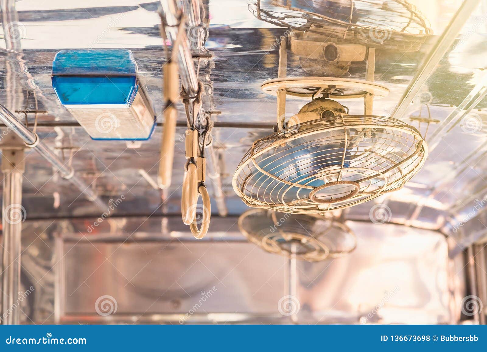 .Ceiling Fan on the Bus.Blue Ceiling Fan.Bangkok, Thailand Stock Photo ...