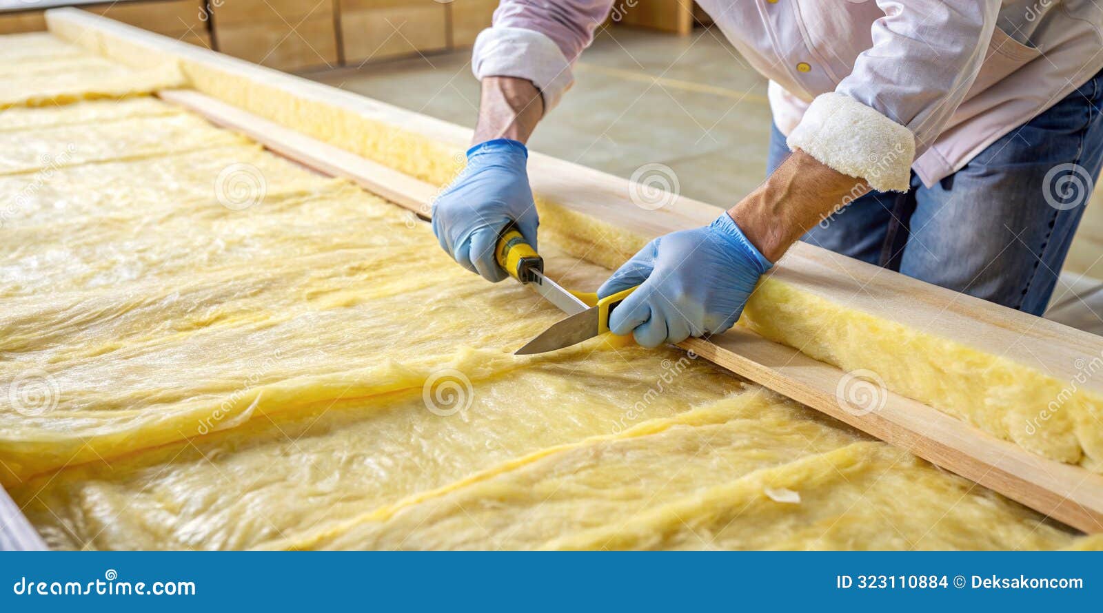 Ceiling Insulation Cutting a Thermal Insulation from Glass Wool Using a ...