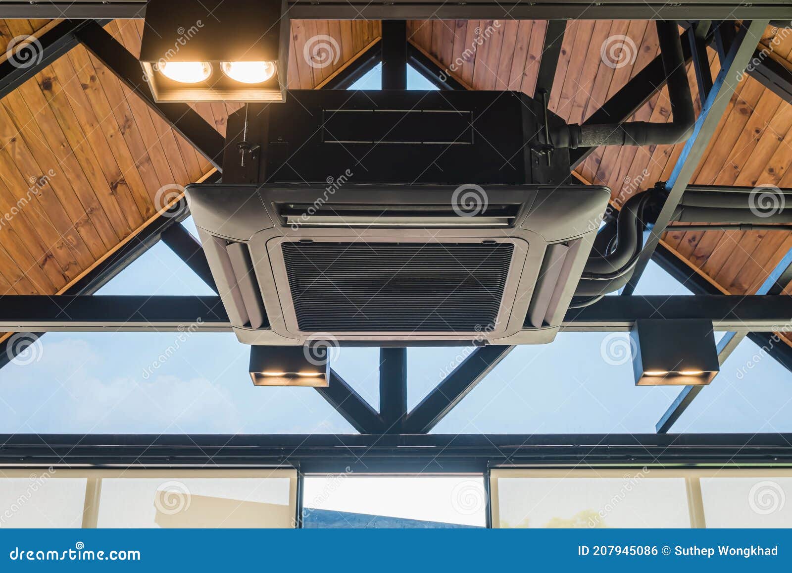 Ceiling Mounted Cassette Type Air Conditioner in the Cafes. Ceiling Air ...