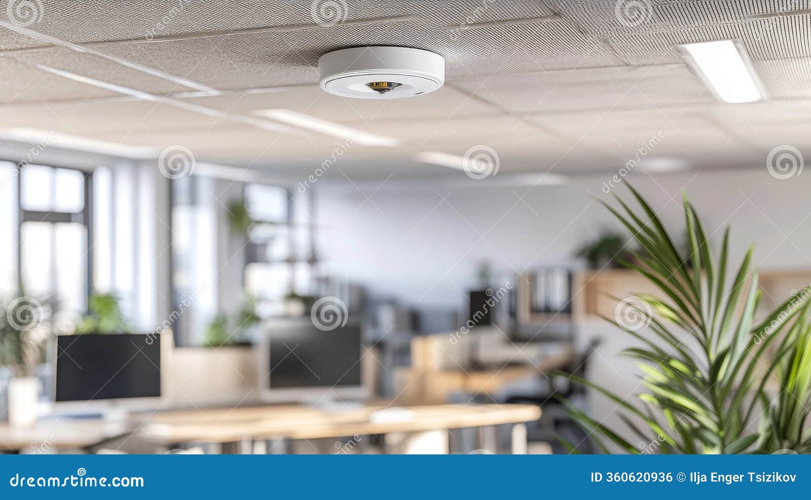 Ceiling-Mounted Smoke Detector Ensuring Fire Safety in a Modern, Open ...