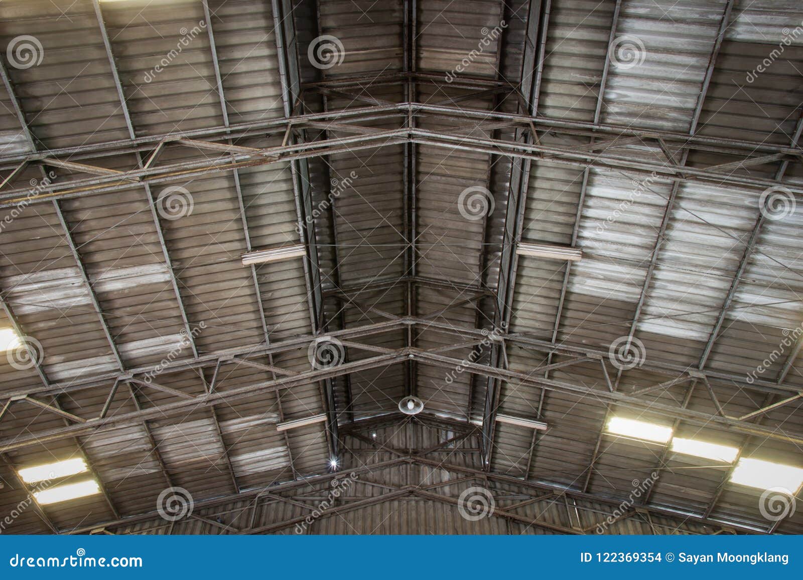 The Ceiling of Old Warehouse with Sport Lights. Lens Flare Stock Photo ...