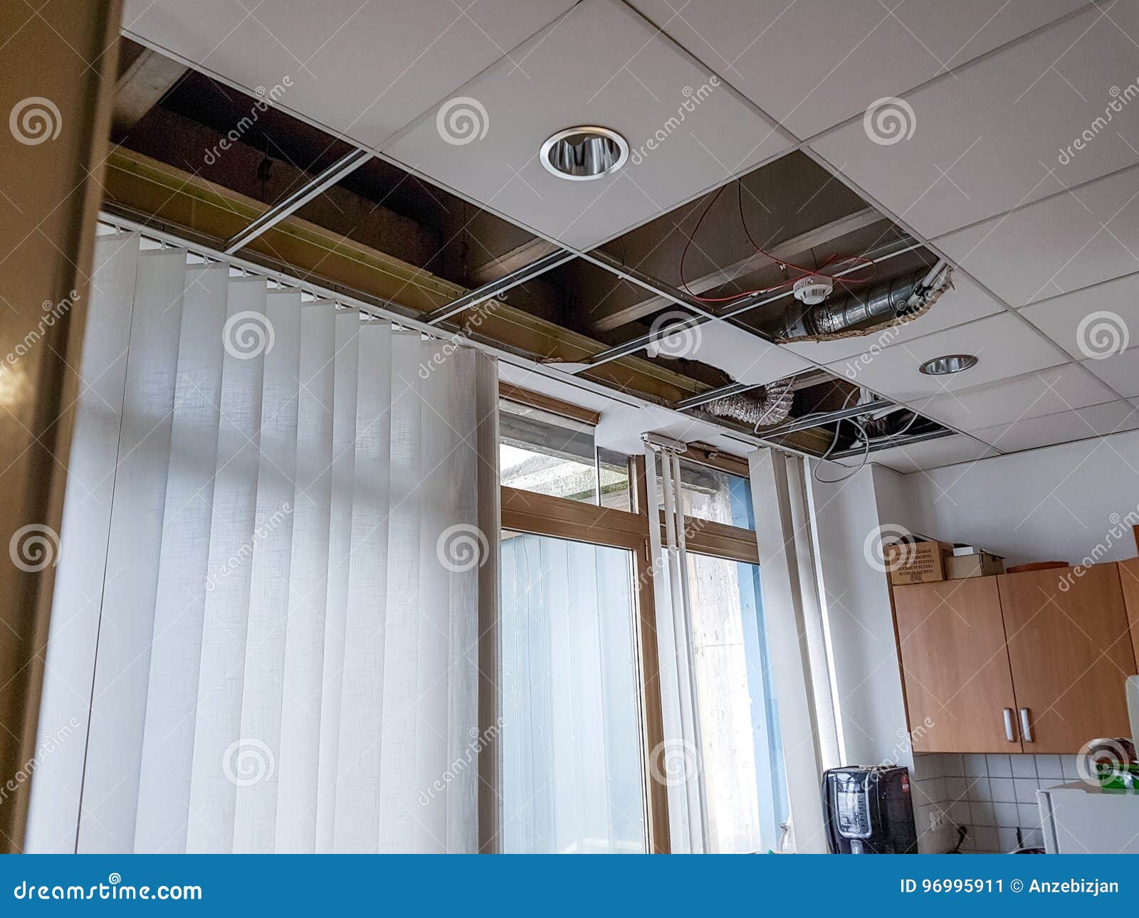 Ceiling Panels Damaged and Collapsed by Water. Stock Image - Image of ...