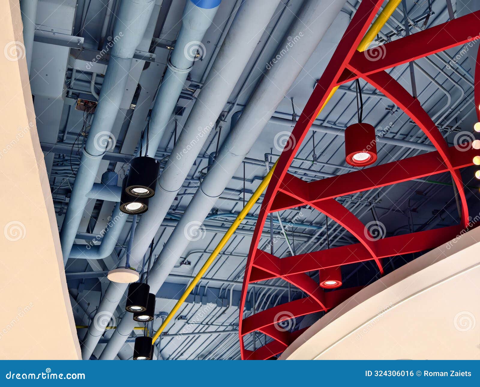 Ceiling with Pipes and Lights in Creates Industrial a Pattern Stock ...