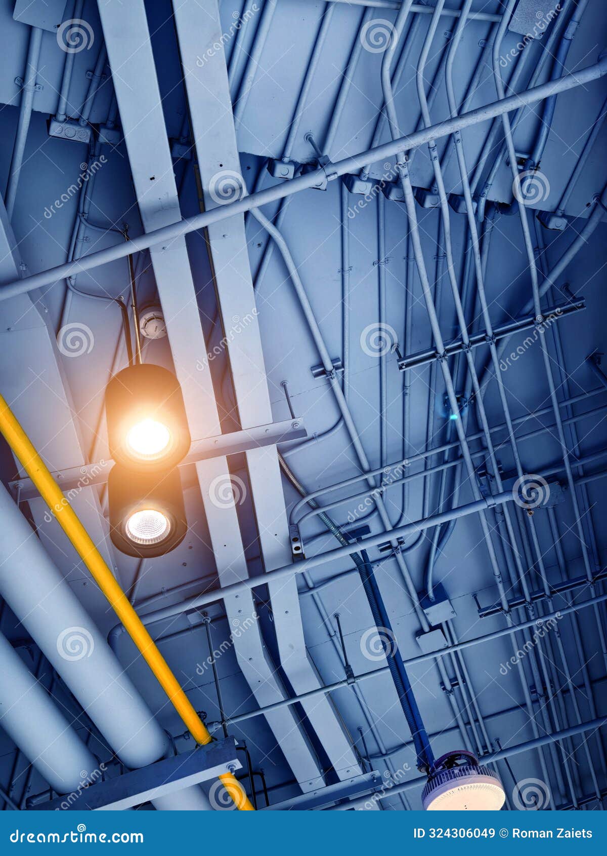 Ceiling with Pipes and Lights in Creates Industrial a Pattern Stock ...