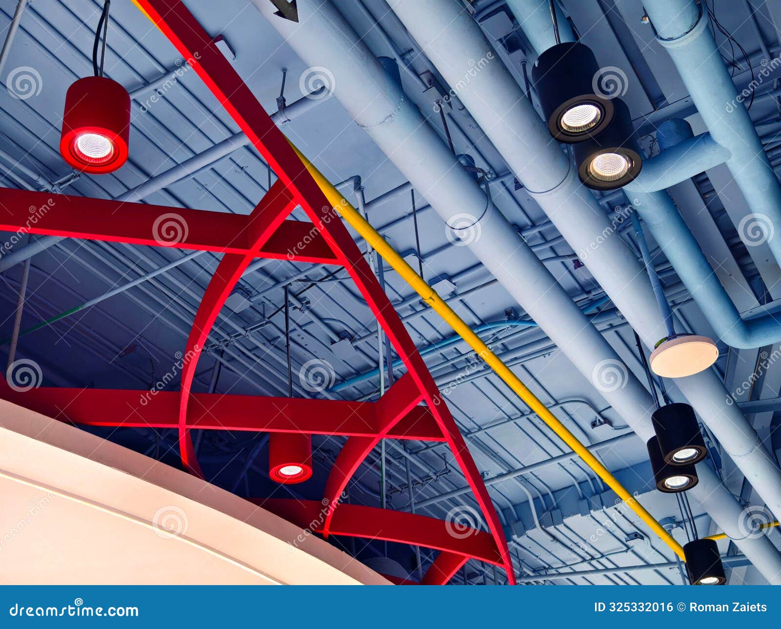 Ceiling with Pipes and Lights in Creates Industrial a Pattern Stock ...