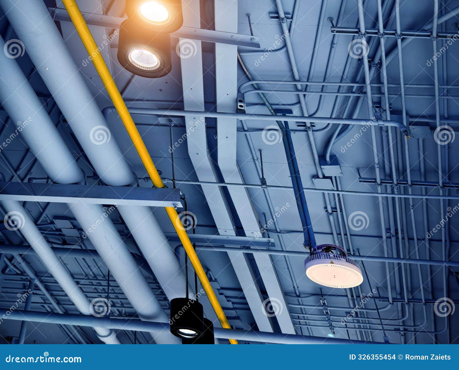 Ceiling with Pipes and Lights in Creates Industrial a Pattern Stock ...