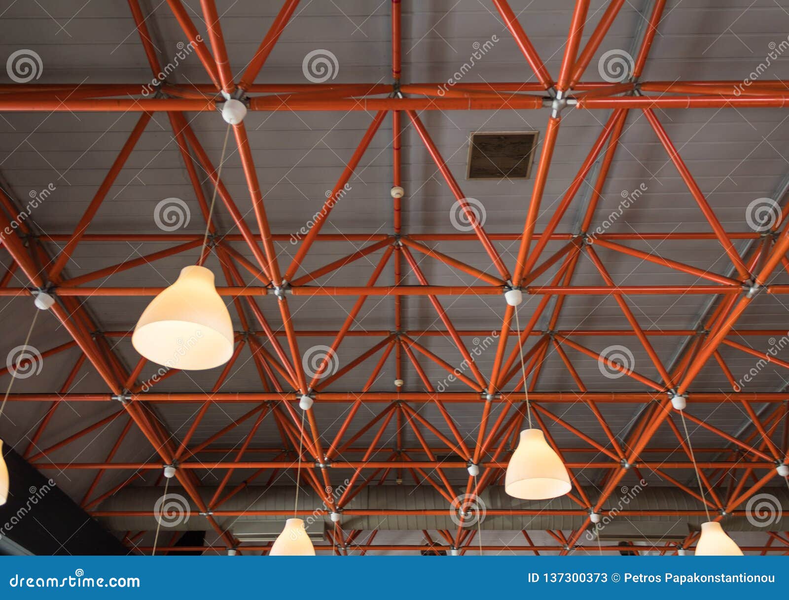 Industrial Ceiling with Red Girders and Lamps Stock Image - Image of ...