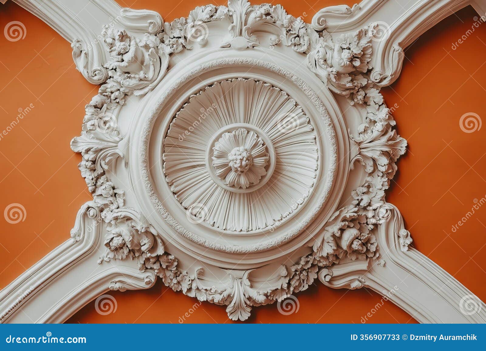 A Ceiling with a White Gypsum Bas-relief Design in the Style of Classic ...