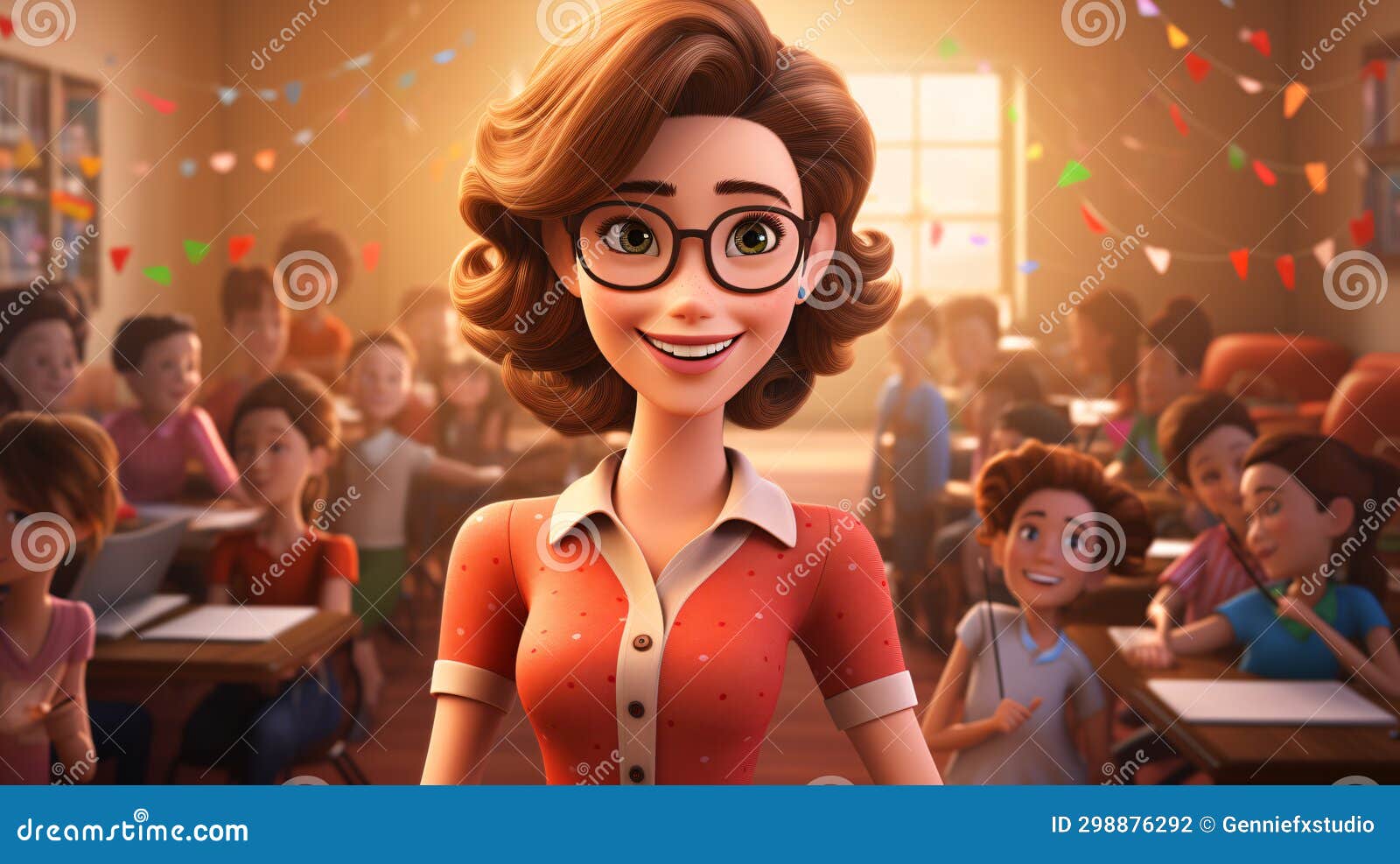 A 3D Animation of a Classroom Scene Featuring a Female Teacher ...